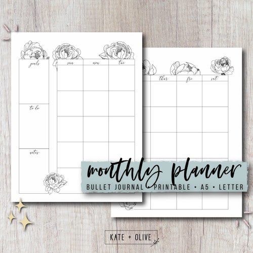 Journal Monthly Planner Printable Template Floral Peony - Etsy