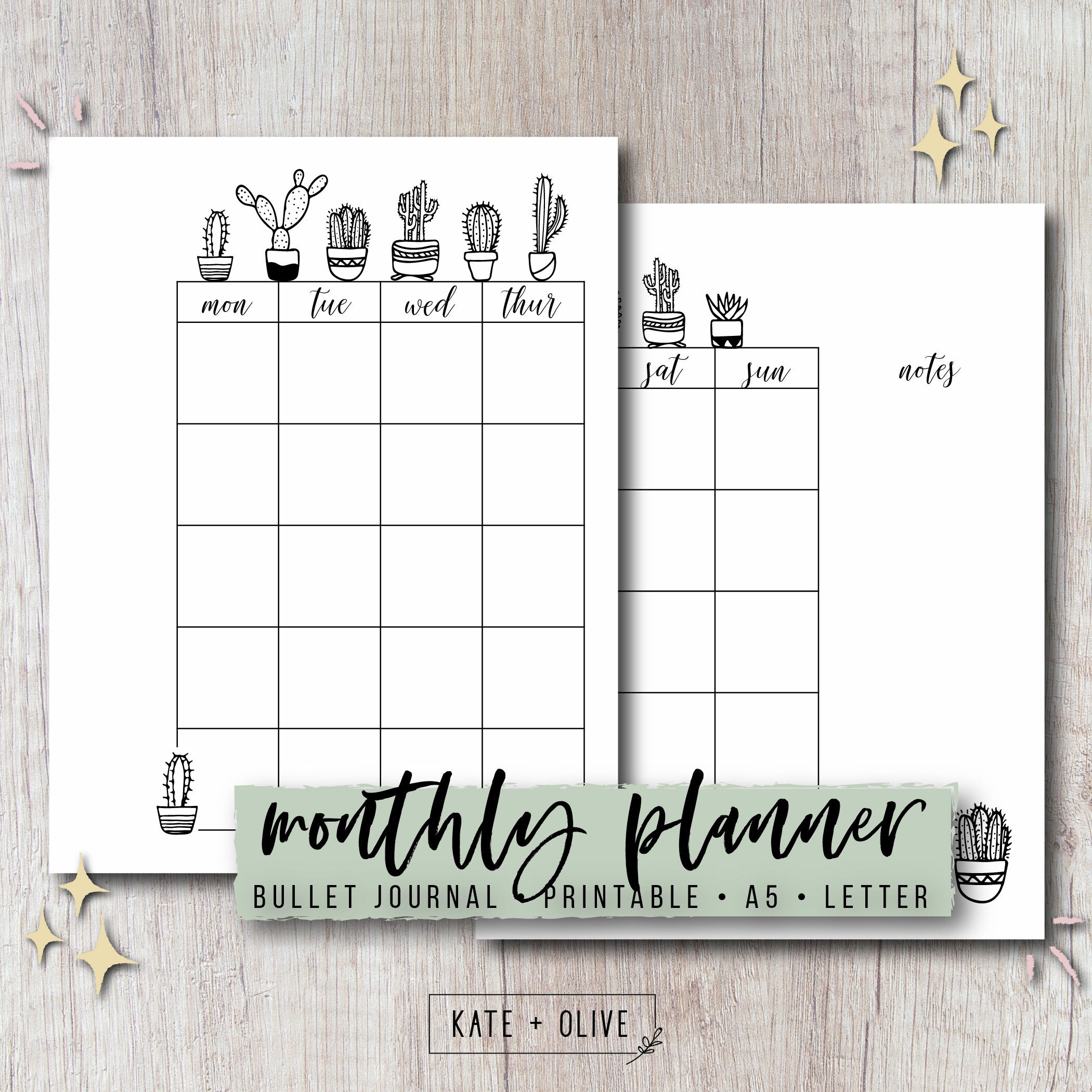 Journal Printable Planner Set Monthly, Weekly, Daily Spreads Cactus ...