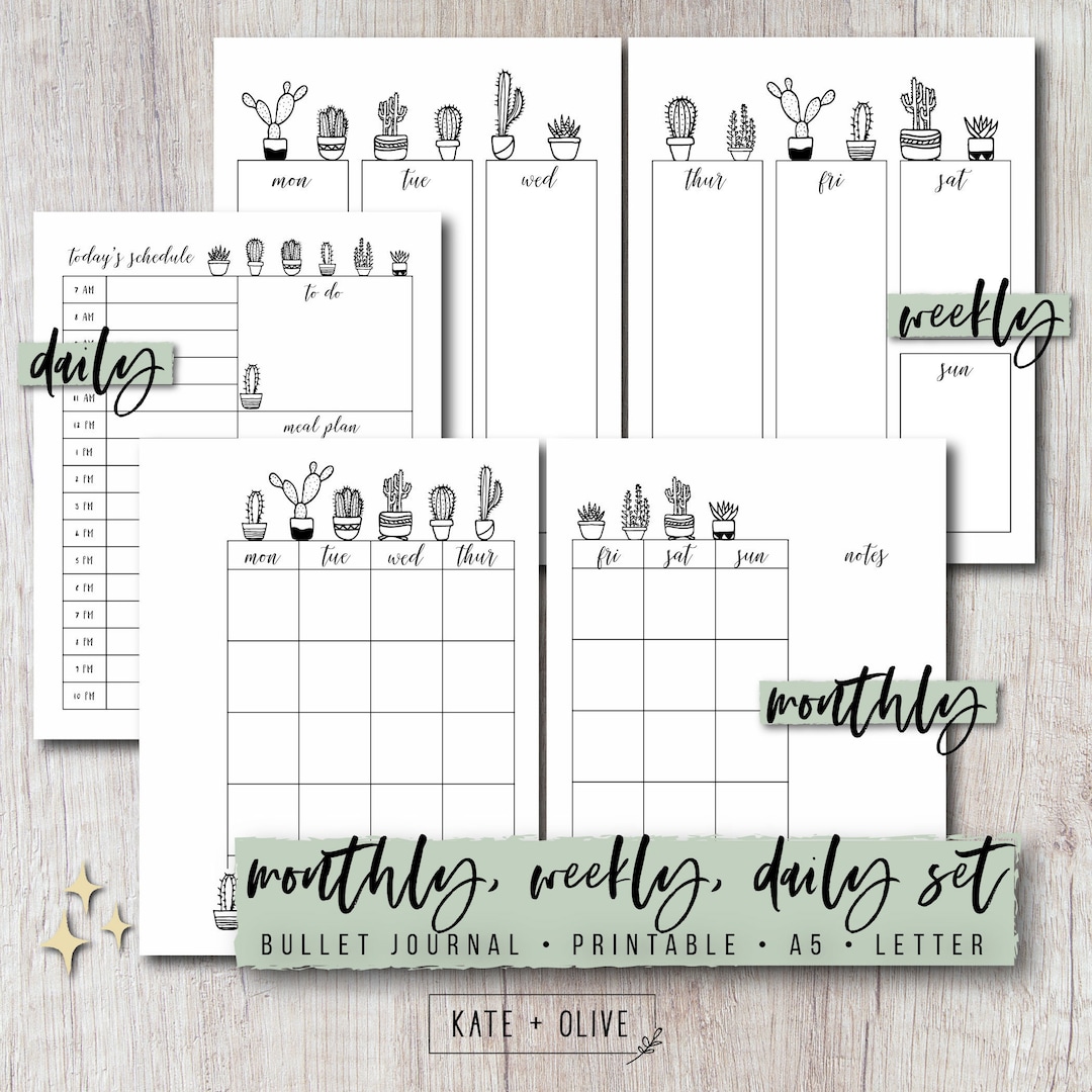 Journal Printable Planner Set - Monthly, Weekly, Daily Spreads | Cactus ...