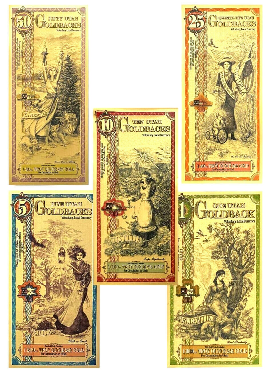 UTAH GOLDBACK Full Set Aurum 24kt Gold Foil Notes Bu 1,5,10,25,50 1/ ...