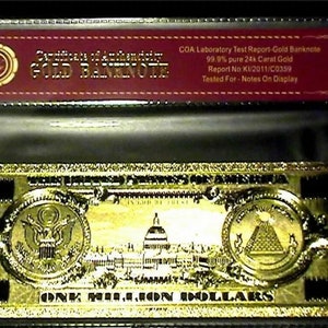 99.9% 24K Gold MILLION Dollar Bill Us BANKNOTE in COA - Etsy