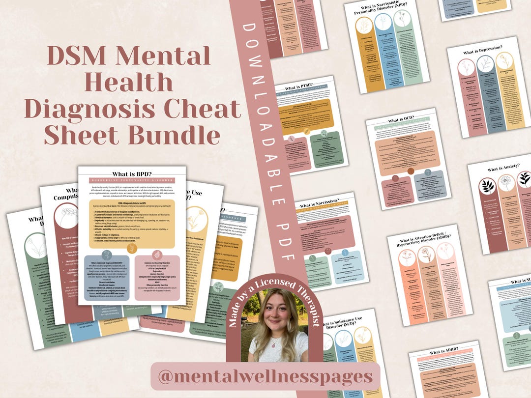 DSM Mental Health Diagnosis Cheat Sheet BUNDLE, Psychoeducation, DSM ...