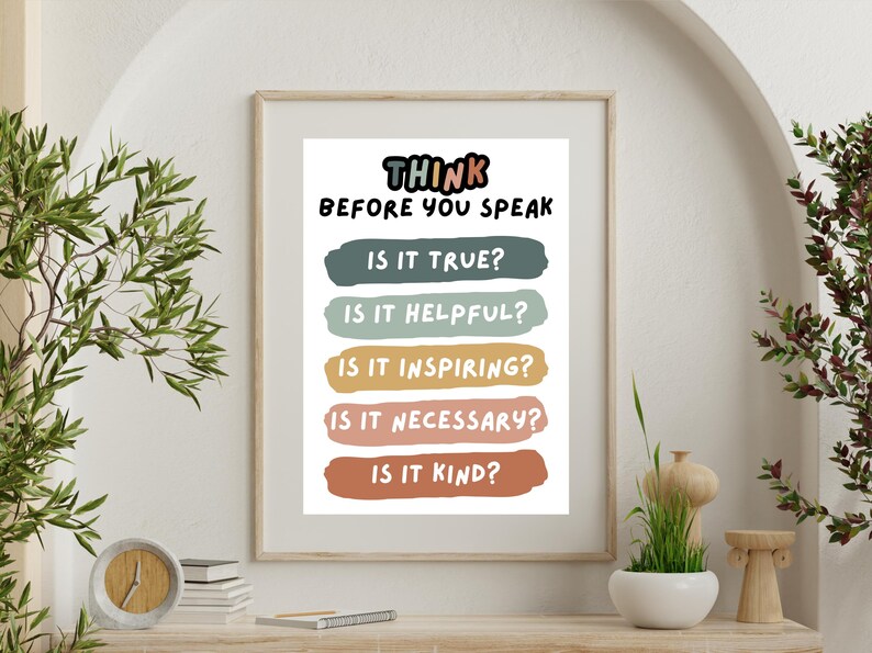 THINK Before You Speak Poster, Classroom Rules Wall Art, Be Kind ...