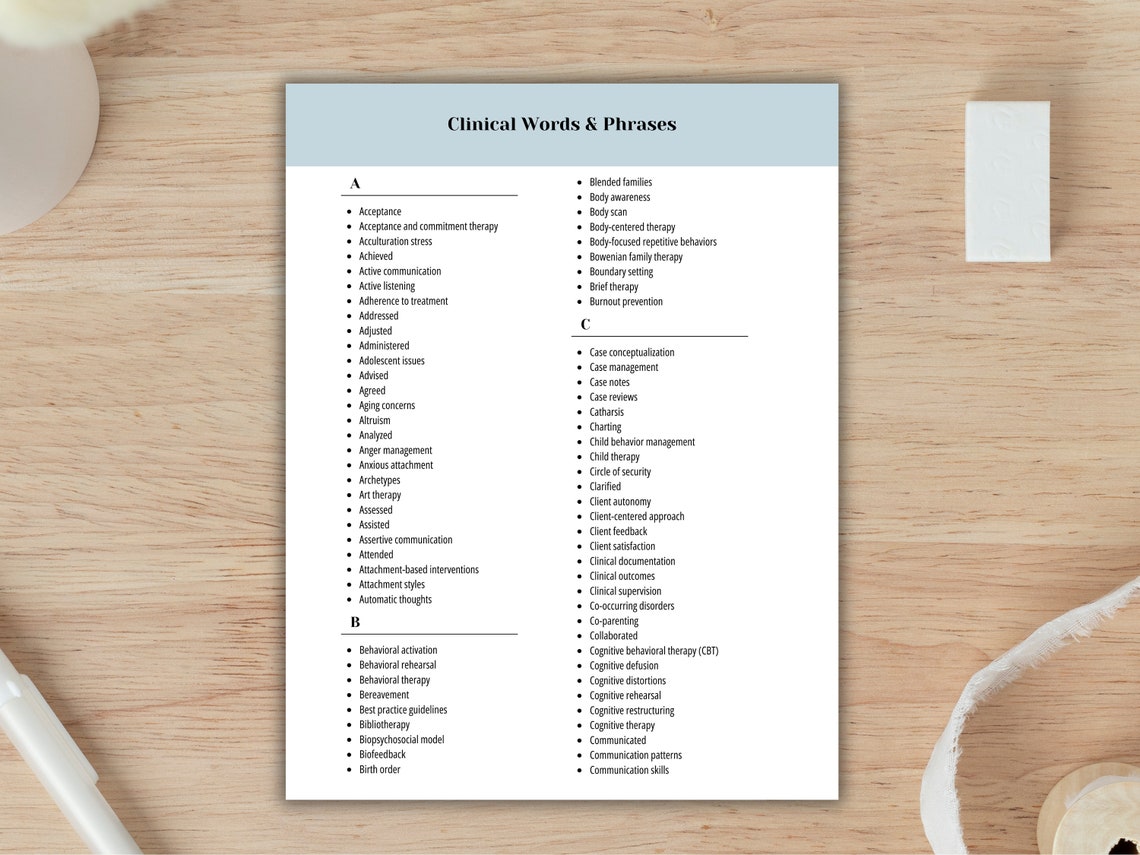 Clinical Words & Phrases, Therapy Interventions, Report Writing, Client ...