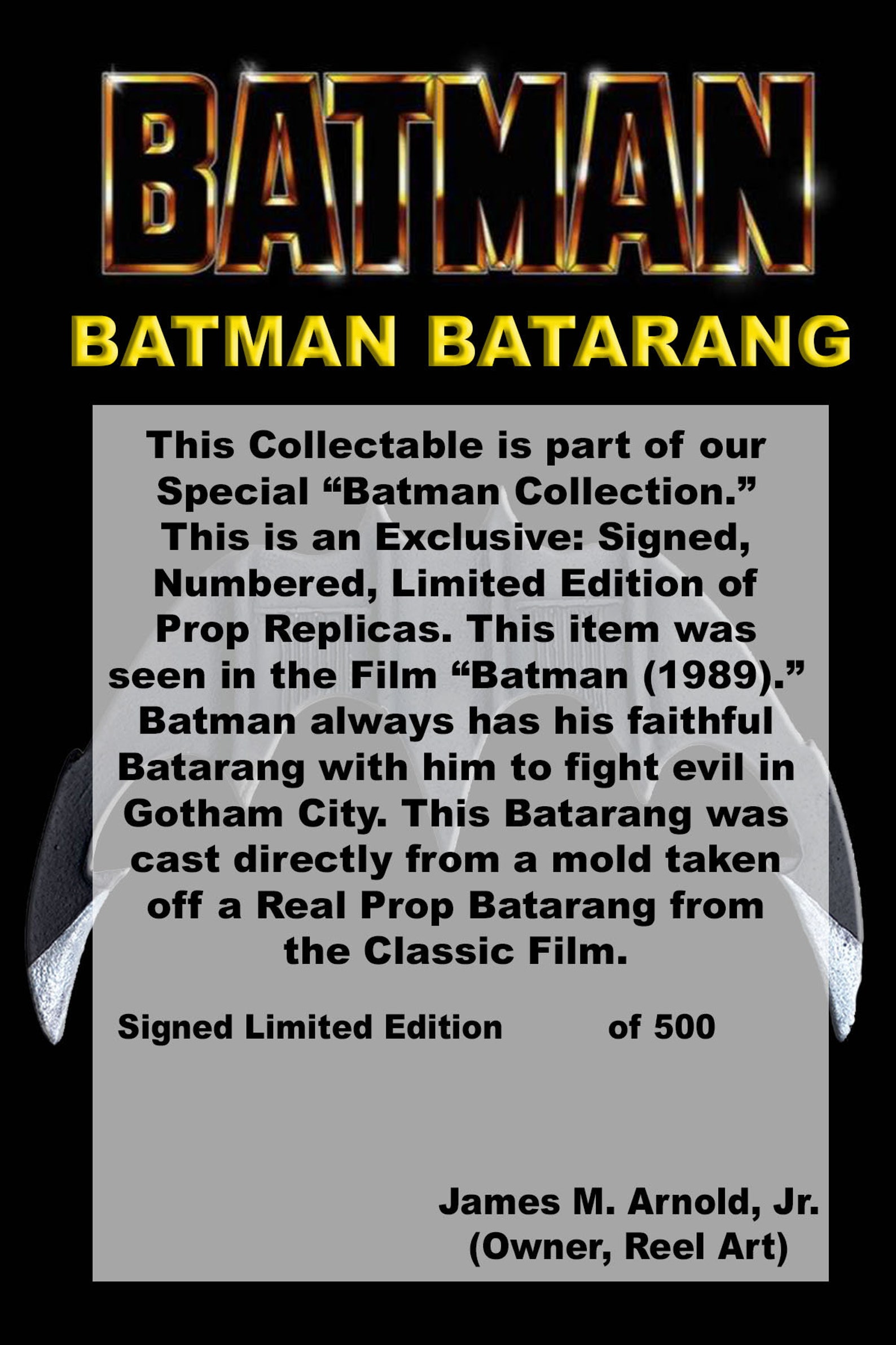 Batarang de Batman (1989), resina sólida, placa de exhibición, réplica ...