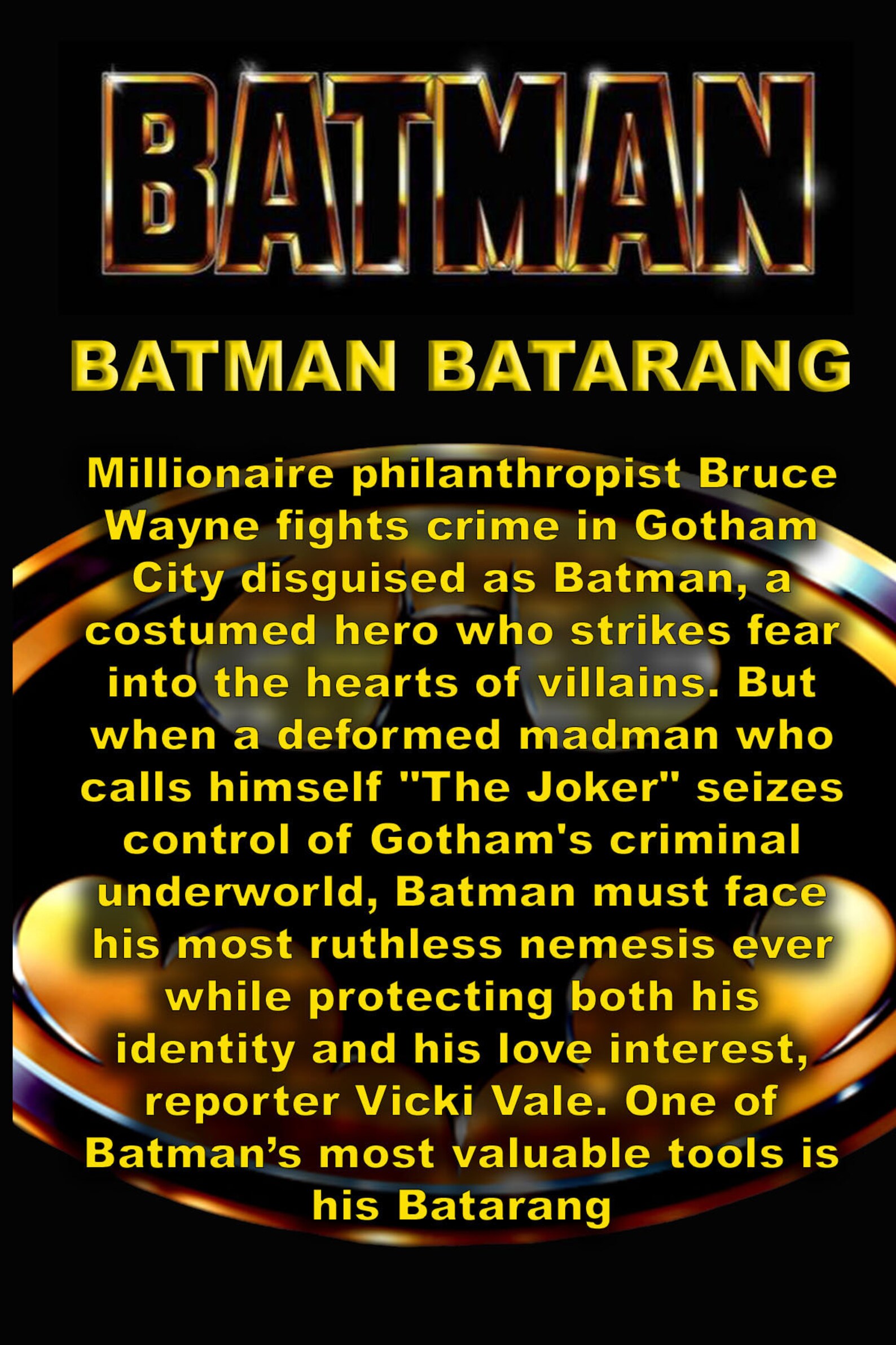 Batarang de Batman (1989), resina sólida, placa de exhibición, réplica ...