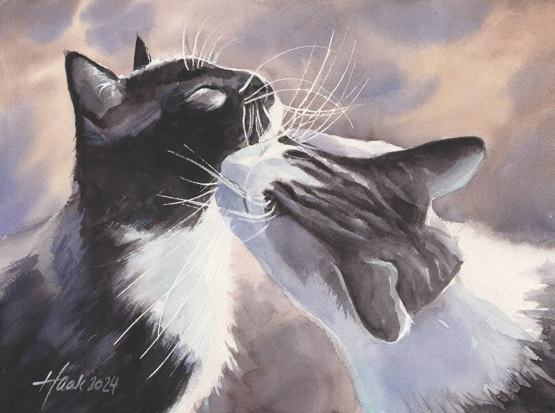 Two Preening Cats Original Hand Painted Watercolor Art Painting One of ...