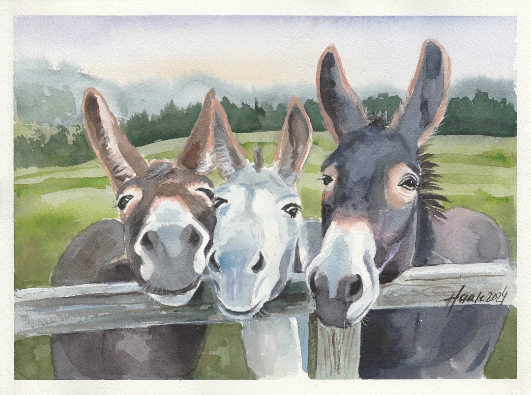 Three Donkeys Original Hand Painted Watercolor Art Paintings Animal ...
