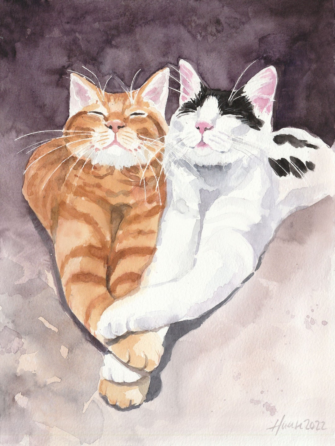 Original Painting, Watercolor, 9.4 X 12.6 Inches, Cat Painting, 2 Cats ...