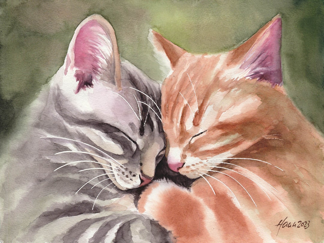 Original Watercolor Painting, Cuddle Cats, 9.4 X 12.6 Inch, Cat, Art ...
