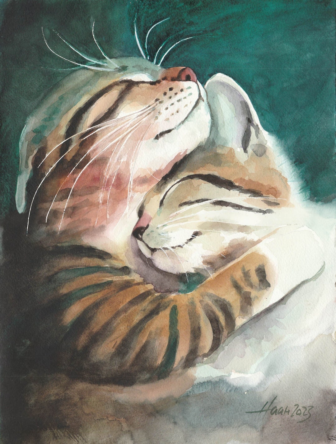 Two Cuddly Cats Original Hand Painted Watercolor Art Paintings Unique