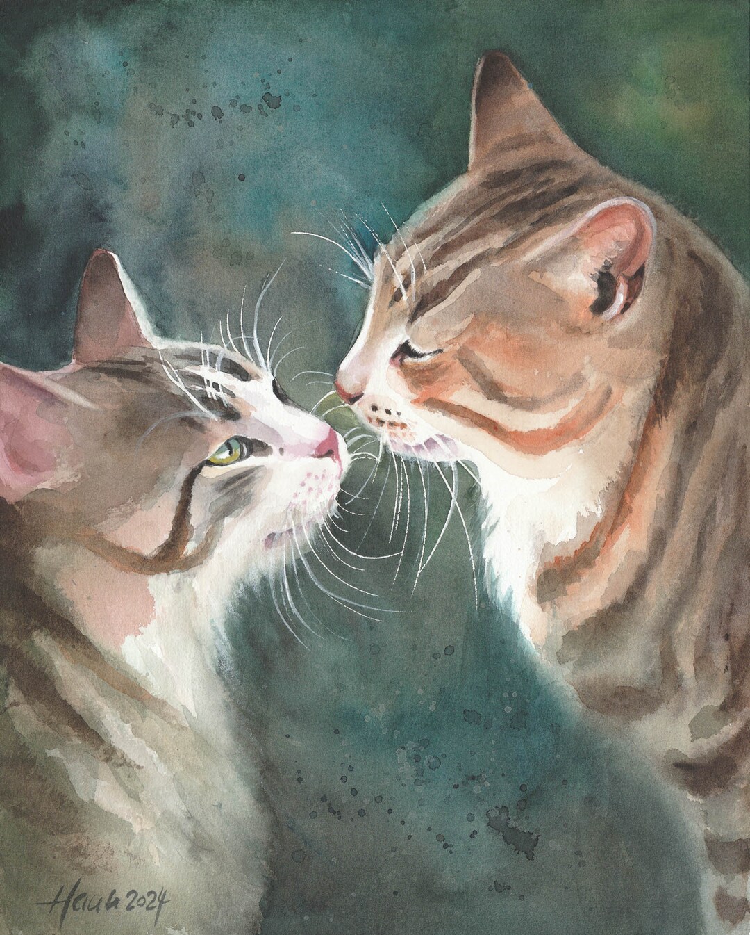 Original Hand-painted Watercolor of Two Tabby Cats Love Cats Art ...