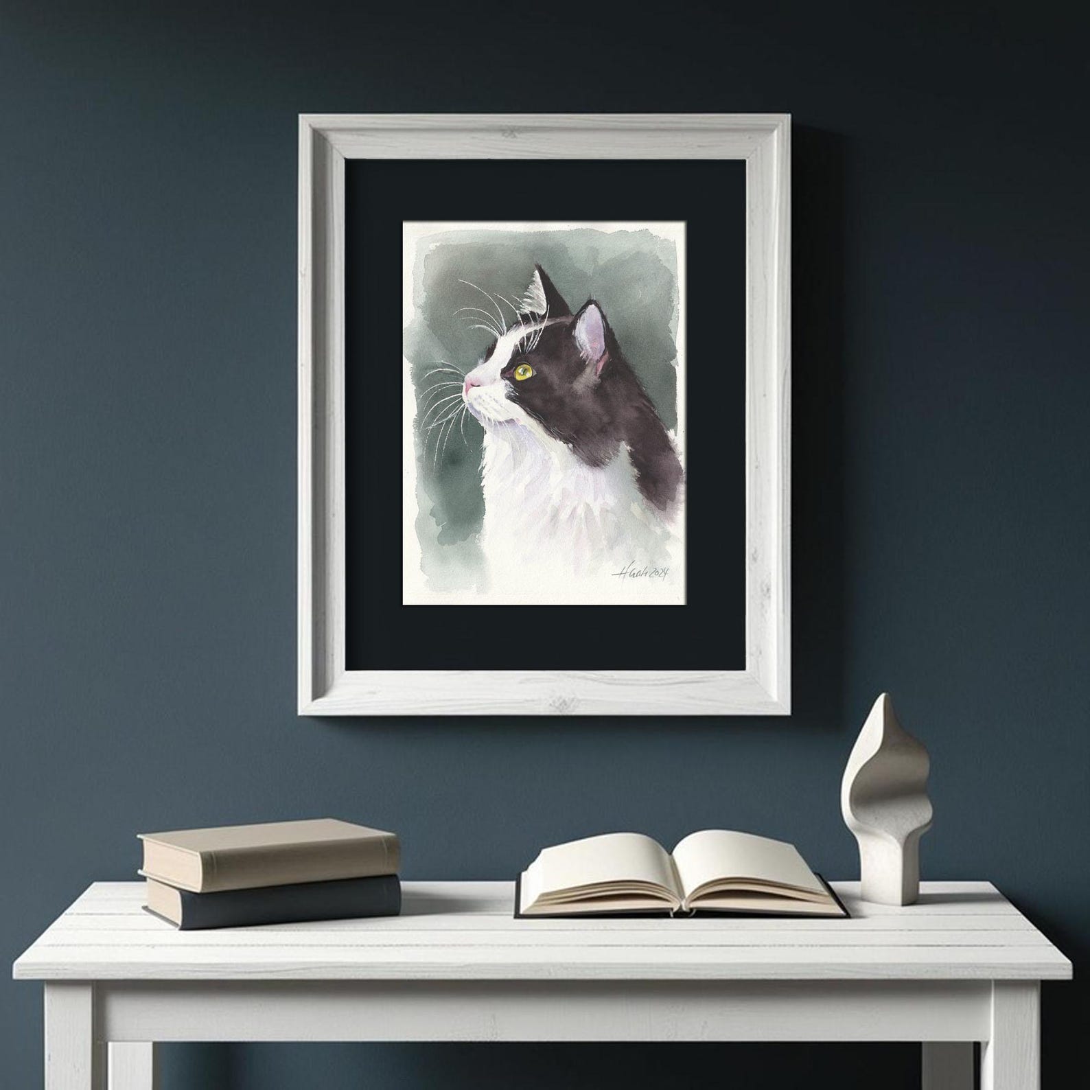 Original Hand-painted Watercolor of a Black and White Cat, Art Painting ...