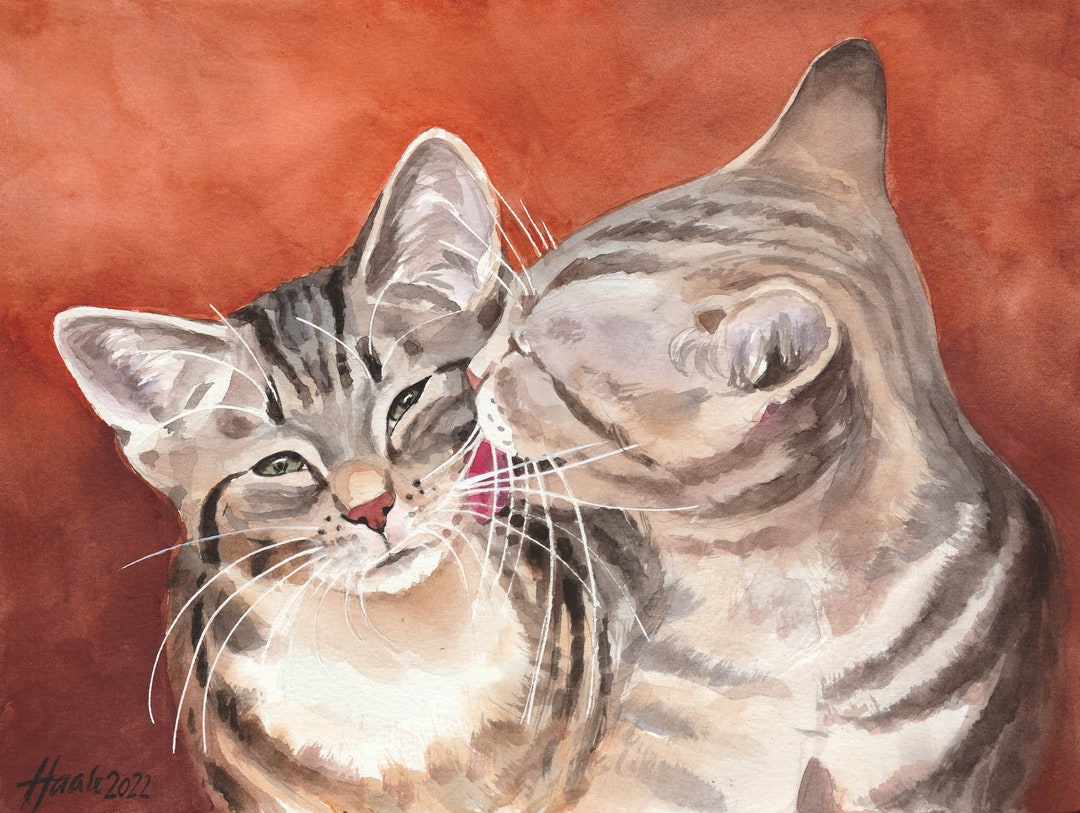 Two Tabby Cats, Artwork, Original Watercolor Painting, 9.4 X 12.6 Inch ...