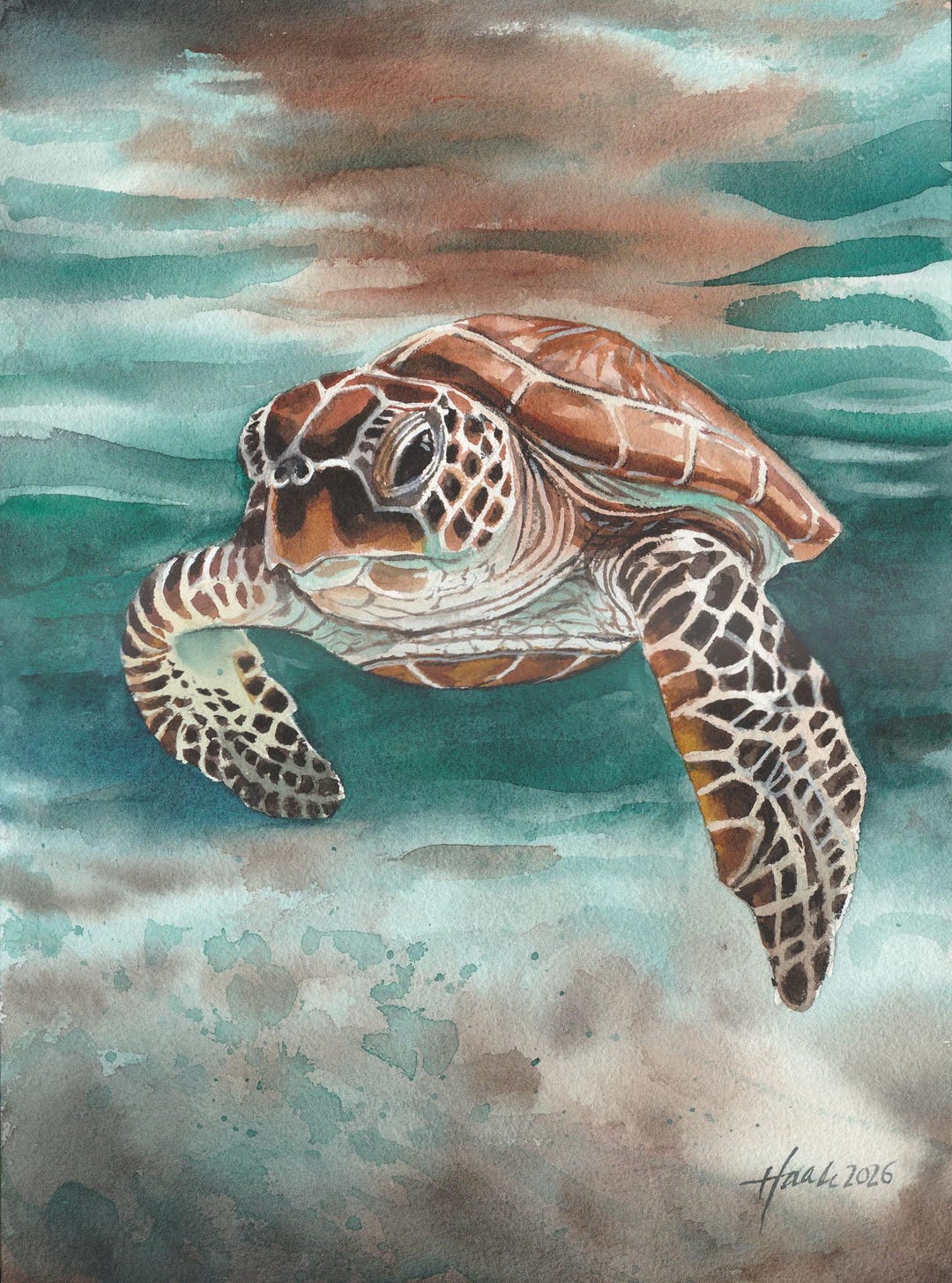 Sea Turtle, Hand-painted Original Watercolor, Painting Art, Marine ...