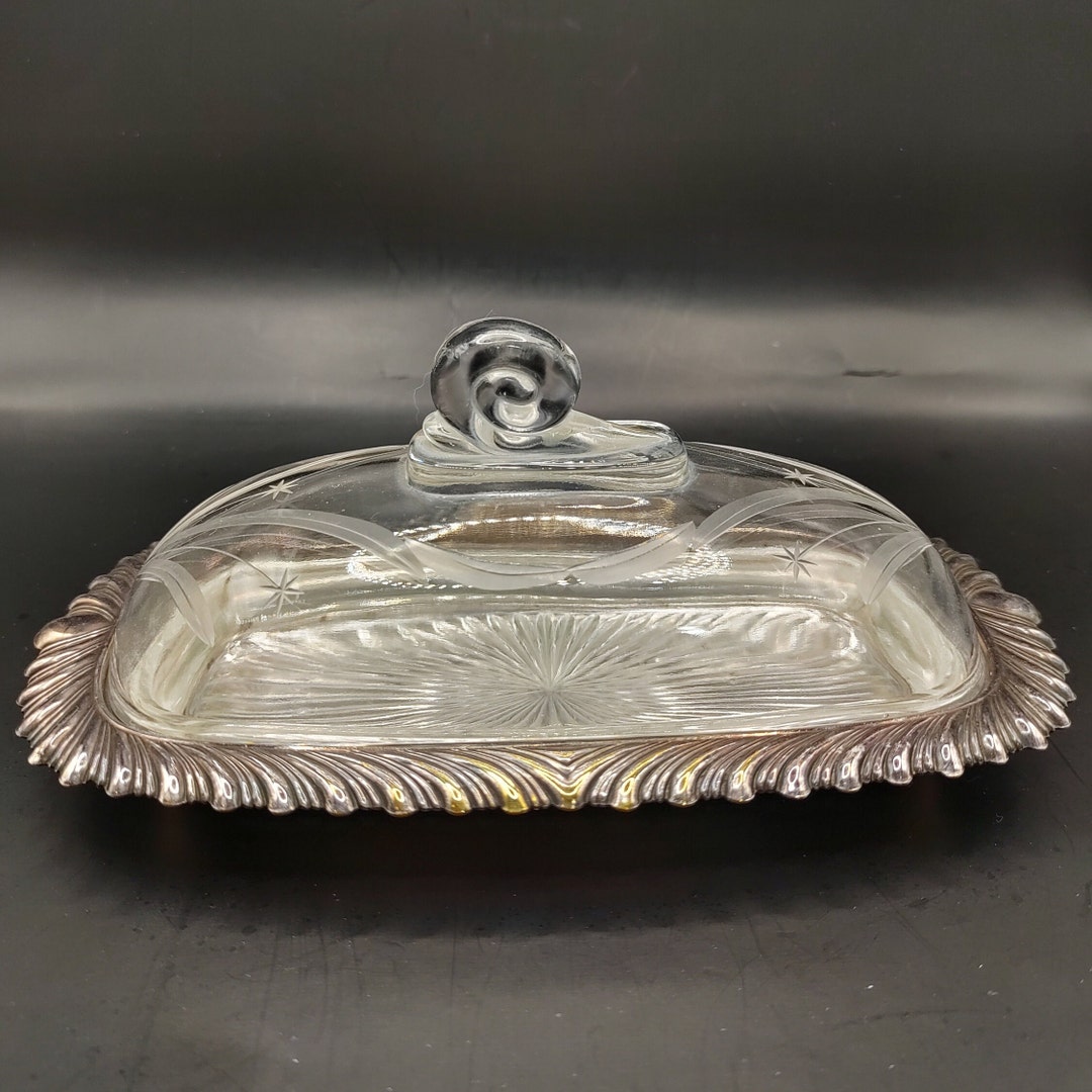 Antique W&S Blackinton Etched Glass Butter Dish With Liner and Silver ...