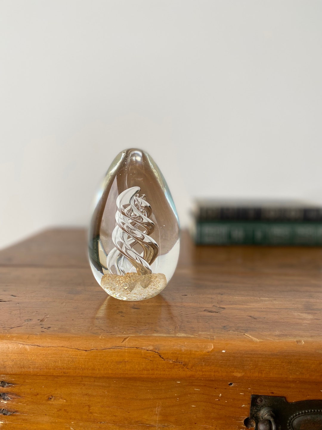 Large Egg Shaped Glass Paperweight With Gold Flecks, Spiral Glass ...
