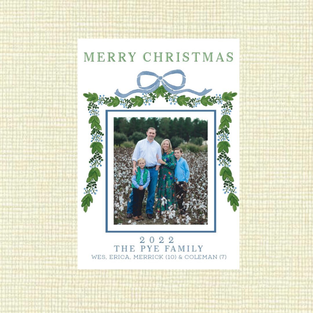 Holiday Card Merry Christmas Greenery Garland Swag With Blue - Etsy