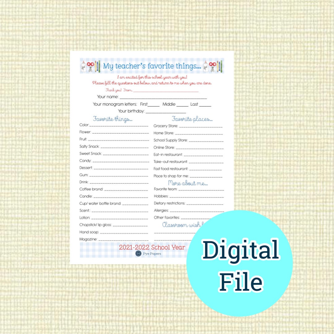 Teacher's Favorite Things Sheet school Supplies DIGITAL FILE ONLY ...