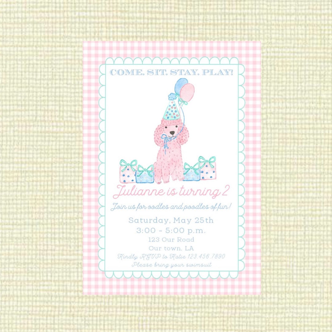 Pink Poodle Puppy Party Come Sit Stay Birthday Party Invitation Oodles ...