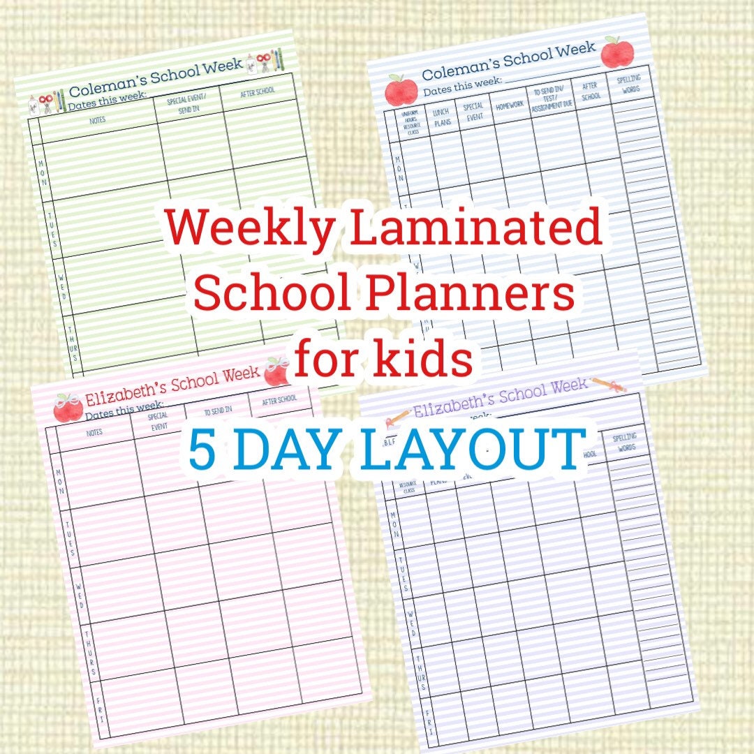 Weekly laminated school planners for kids 5 day school week layout ...