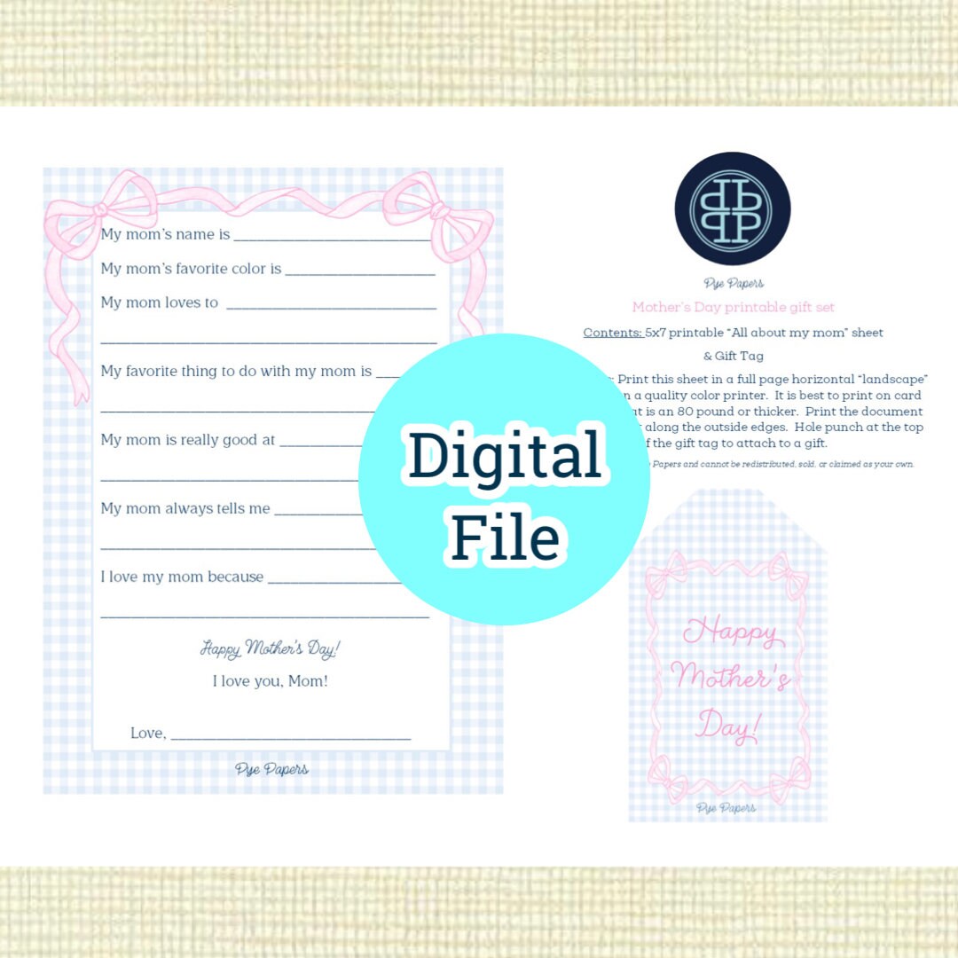 All About My Mom Mother's Day Printable Sheet and Gift Tag Blue Gingham ...