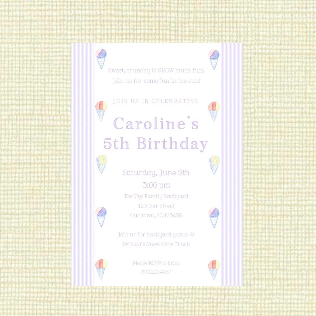 Snow Cone Birthday Party Invitation: Purple Pastels and Stripe - Etsy