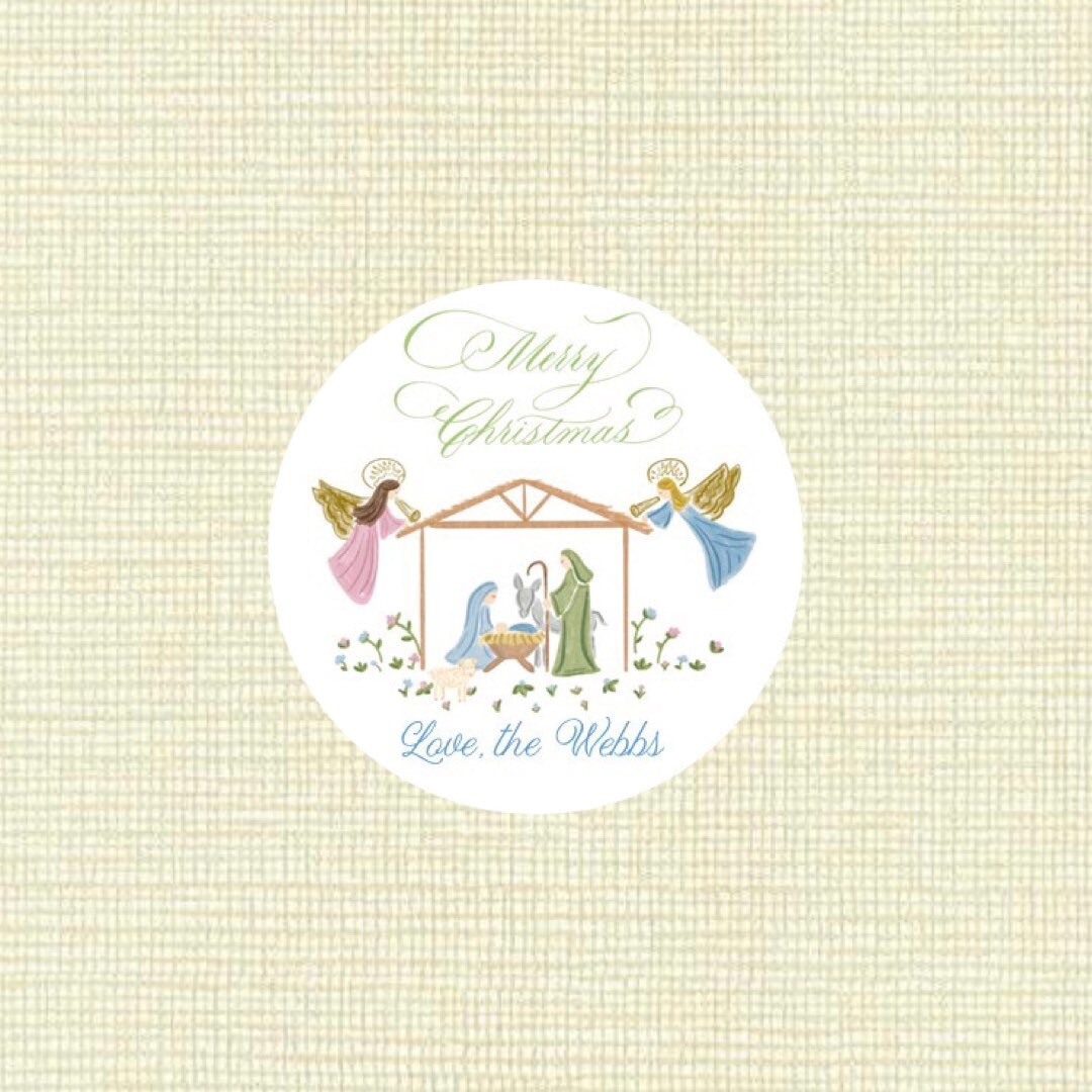 2.5 Round Sticker Christmas Gift Tag: Hand Painted Watercolor Nativity ...