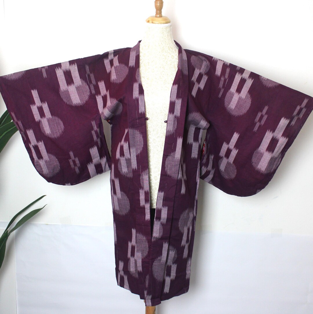 Japanese Long Haori Kimono Jacket Silk Abstract Geometric Pattern Bon ...