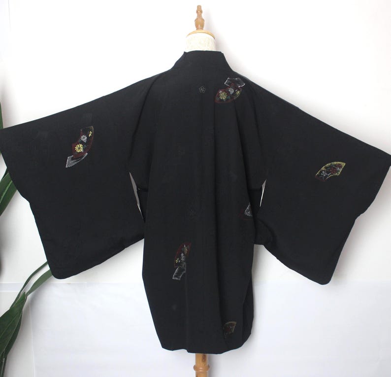 Japanese Long Haori Kimono Jacket Silk Woven Urushi Flower Floral ...