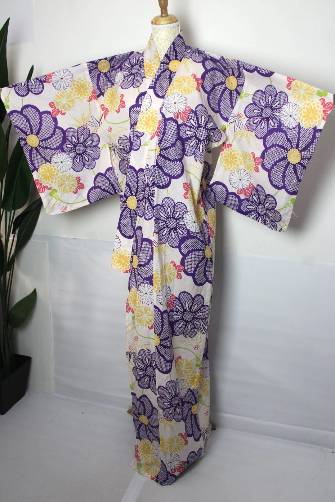 Japanese Yukata Summer Kimono Light Yellow Beige Color Flower Floral ...
