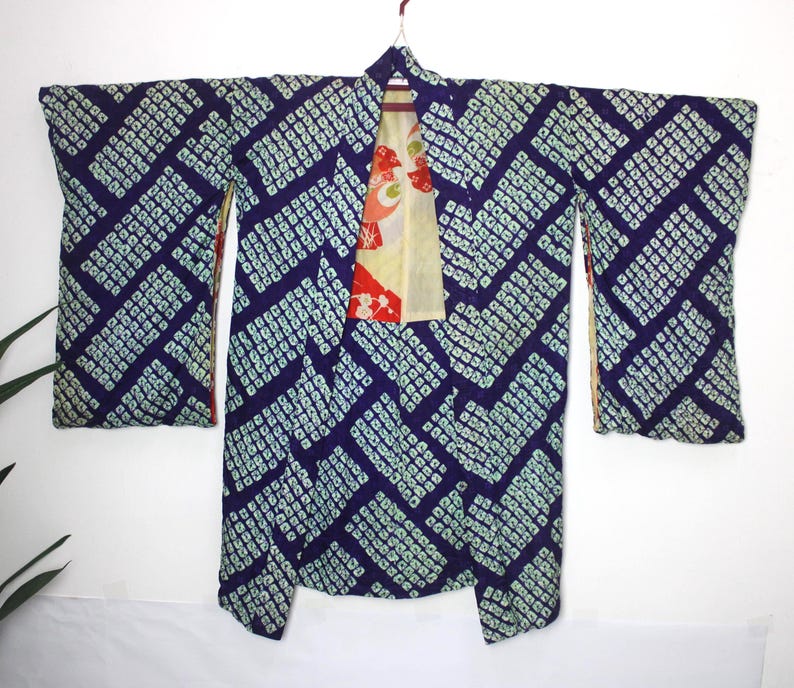 Japanese Long Haori Kimono Jacket Shibori Silk Abstract Geometric ...
