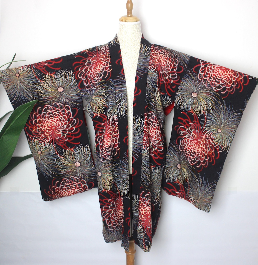 Japanese Long Haori Kimono Jacket Kiku Chrysanthemum Flower Floral ...