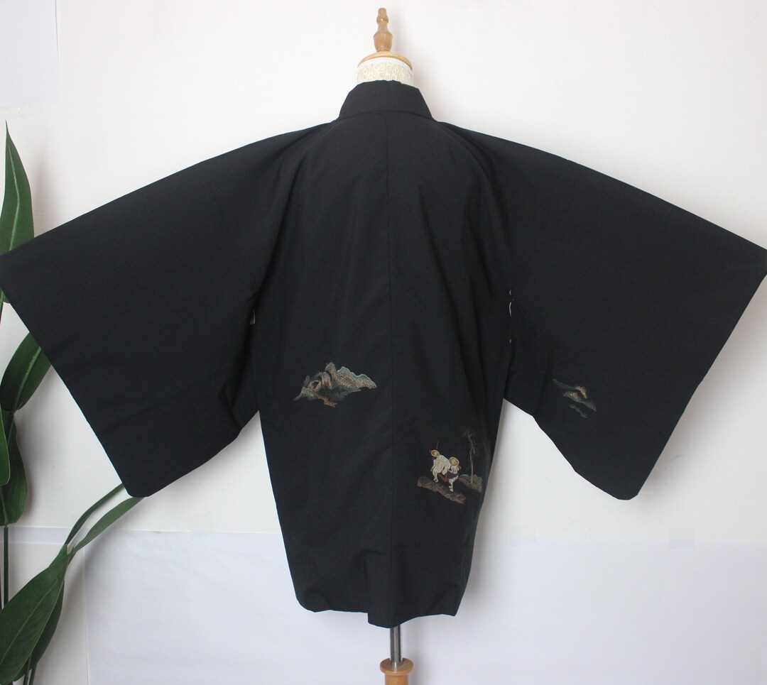 Japanese Haori Kimono Jacket Silk Landscape Mountain Villagers Abstract ...