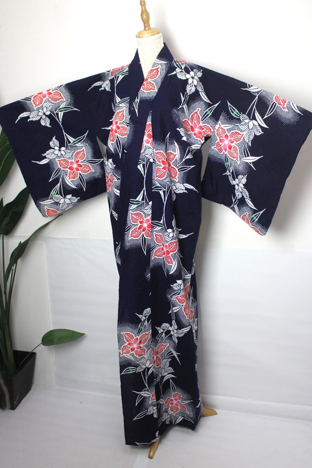 Japanese Yukata Summer Kimono Cotton Blue Color Flower Floral Abstract ...