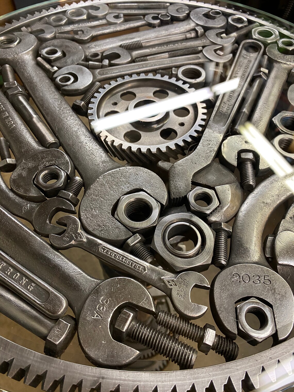 Vintage Wrenches Tools Crankshaft Gear Table Endtable Mancave Decor ...
