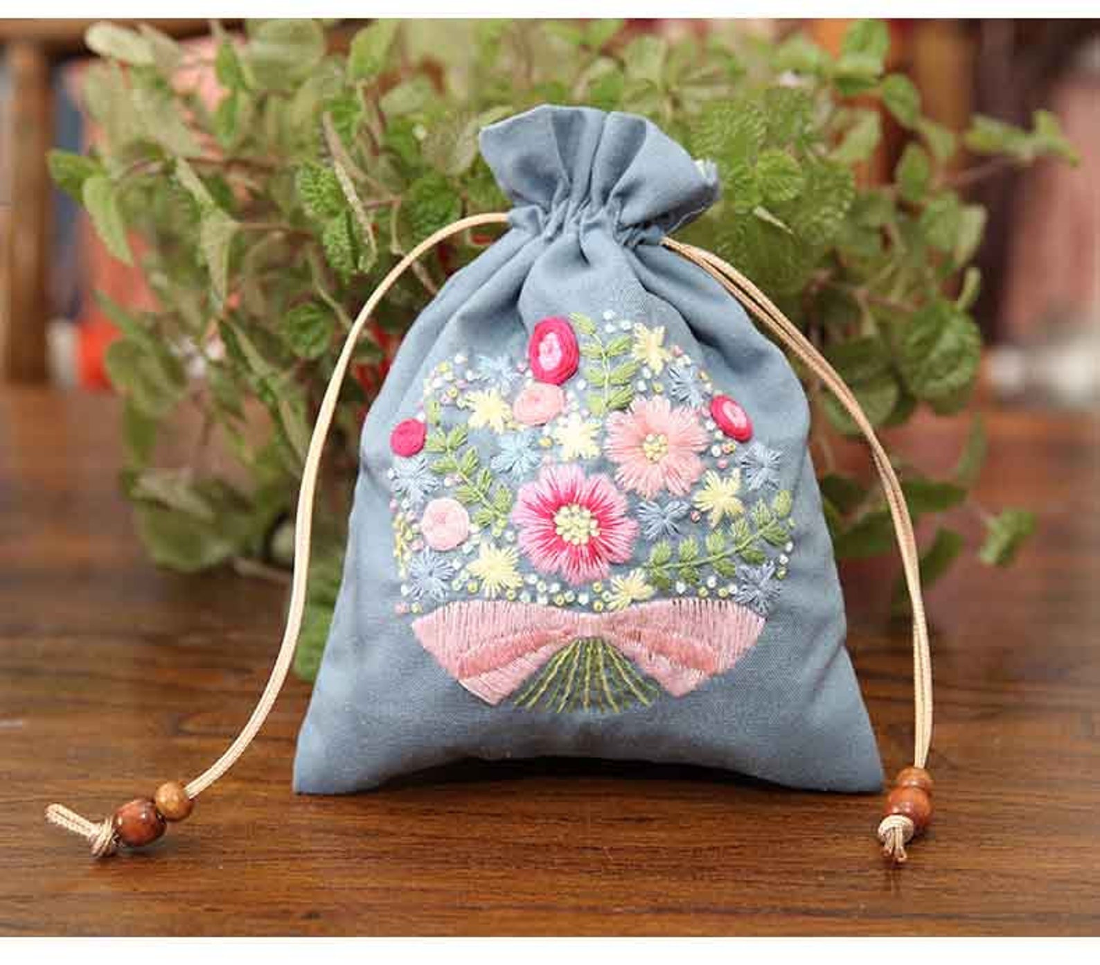 Hand Embroidery Drawstring Bag,floral Beginner Embroidery Kit ...