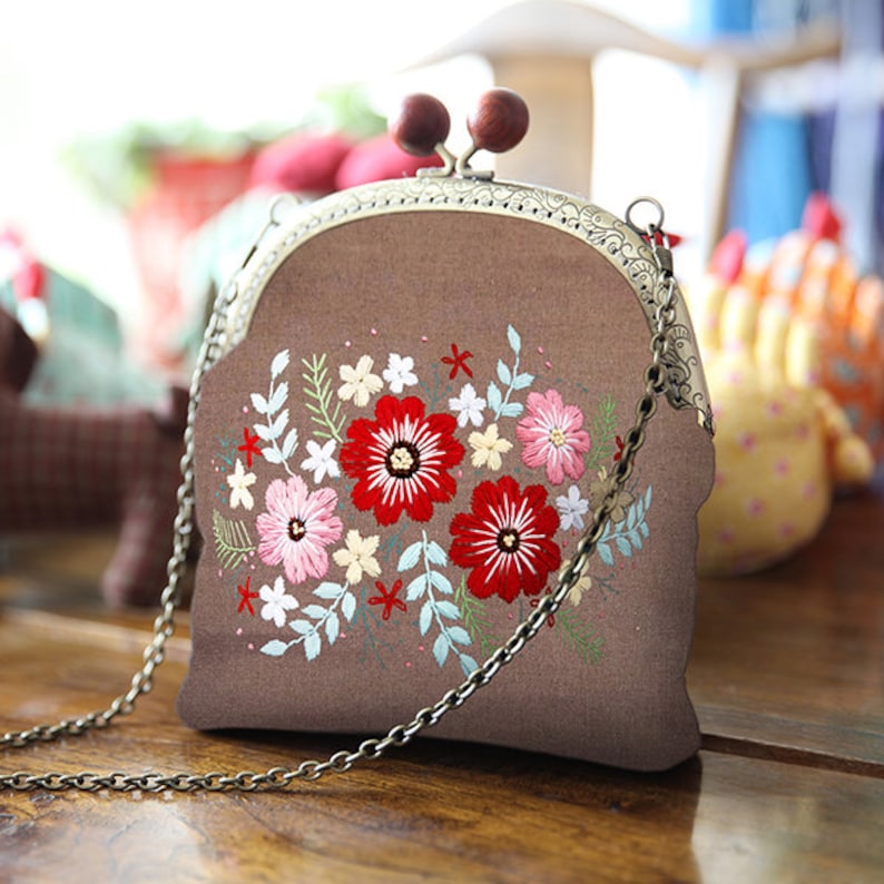 Flower Pattern Hand Embroidery Kit,beginner Canvas Chain Bag Kit ...