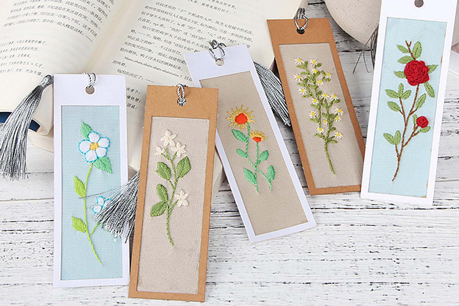 Beginner Embroidery Kit Bookmark Set of Five DIY Needlepoint Hoop Hand ...