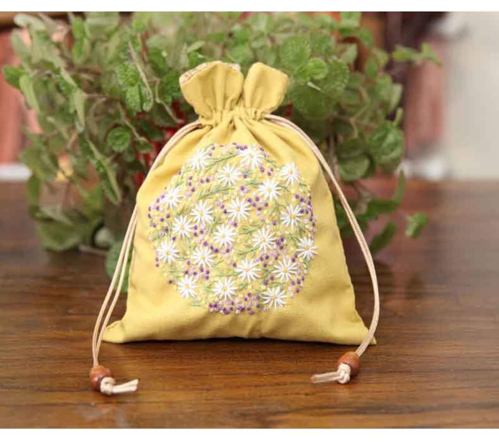 Hand Embroidery Drawstring Bag,floral Beginner Embroidery Kit ...