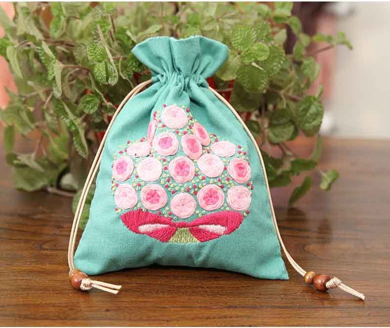 Hand Embroidery Drawstring Bagfloral Beginner Embroidery Kit - Etsy