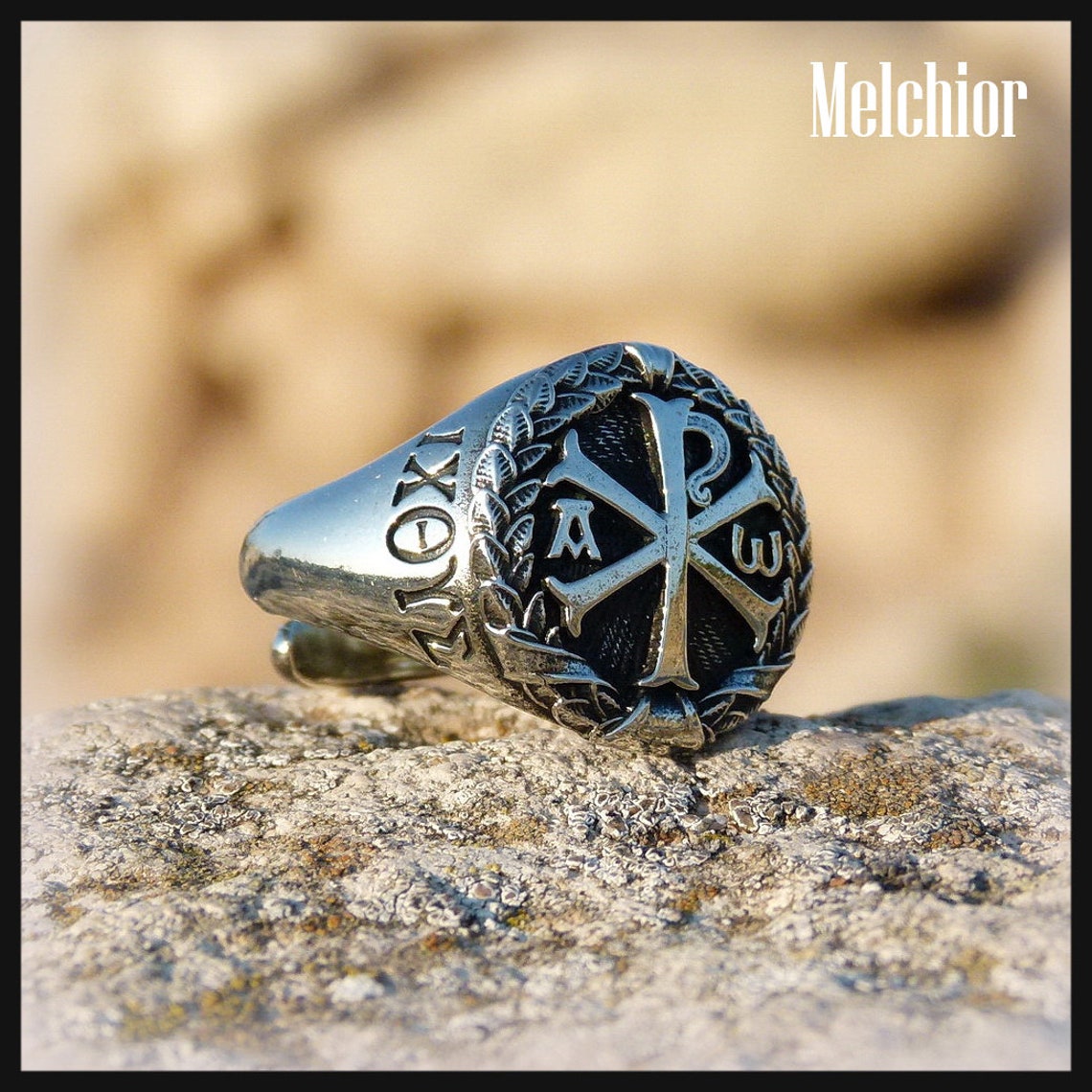 Mens Chi Rho Ring Alpha Omega Signet ring Constantines | Etsy