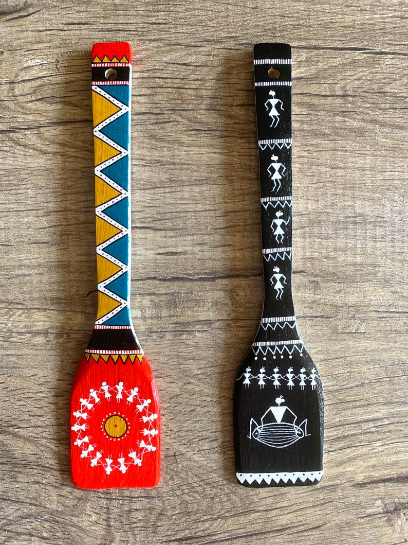 Hand-painted Wooden Spatula: Warli & Madhubani Art Kitchen Decor - Etsy