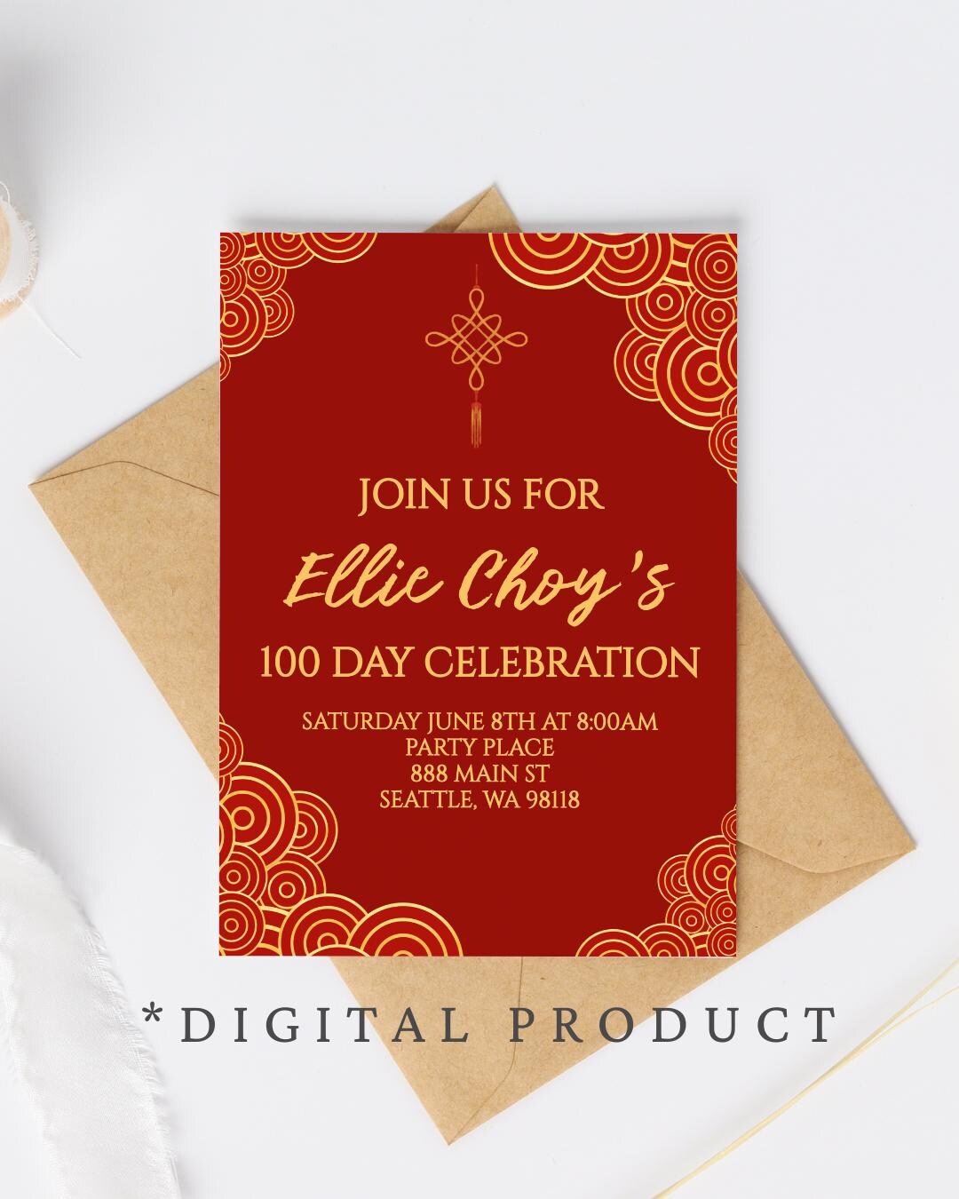100 Day Baby Celebration Invitation and Sign | Editable Red & Gold ...