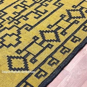 Gold Black Aztec Handwoven Wool Jute Rug, Indian Handmade Traditional ...