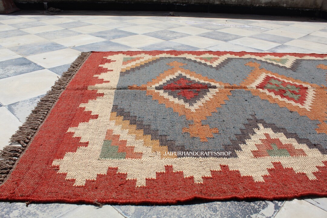 8x8 Feet and More Handmade Square Wool Jute Area Rug, Kilim Rug for ...