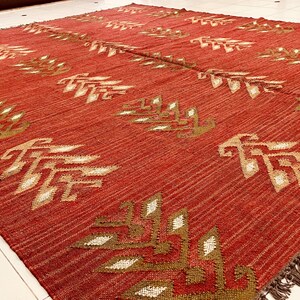 Red Square Rug, Wool Jute Square Kilim Rug for High Traffic Area Garden ...