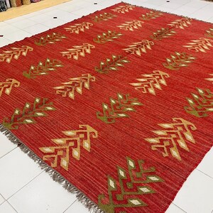 Red Square Rug, Wool Jute Square Kilim Rug for High Traffic Area Garden ...