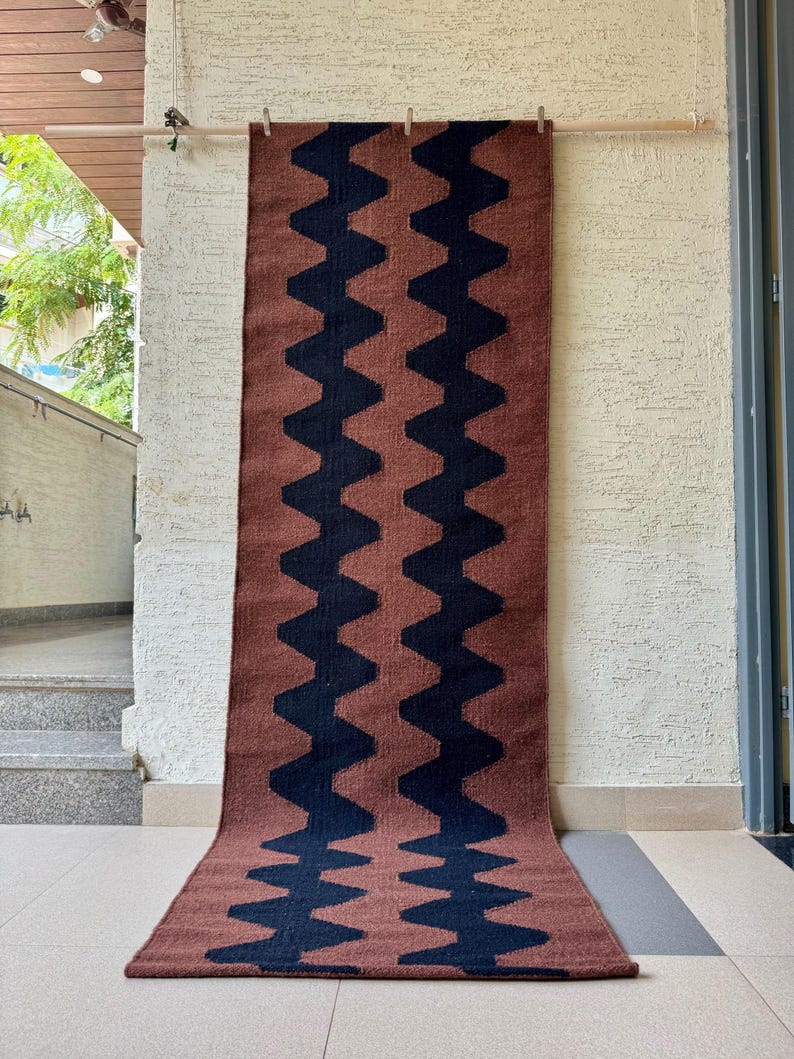 Modern Wool Runner Rug for Stairs | Brown & Black Handwoven Eco ...
