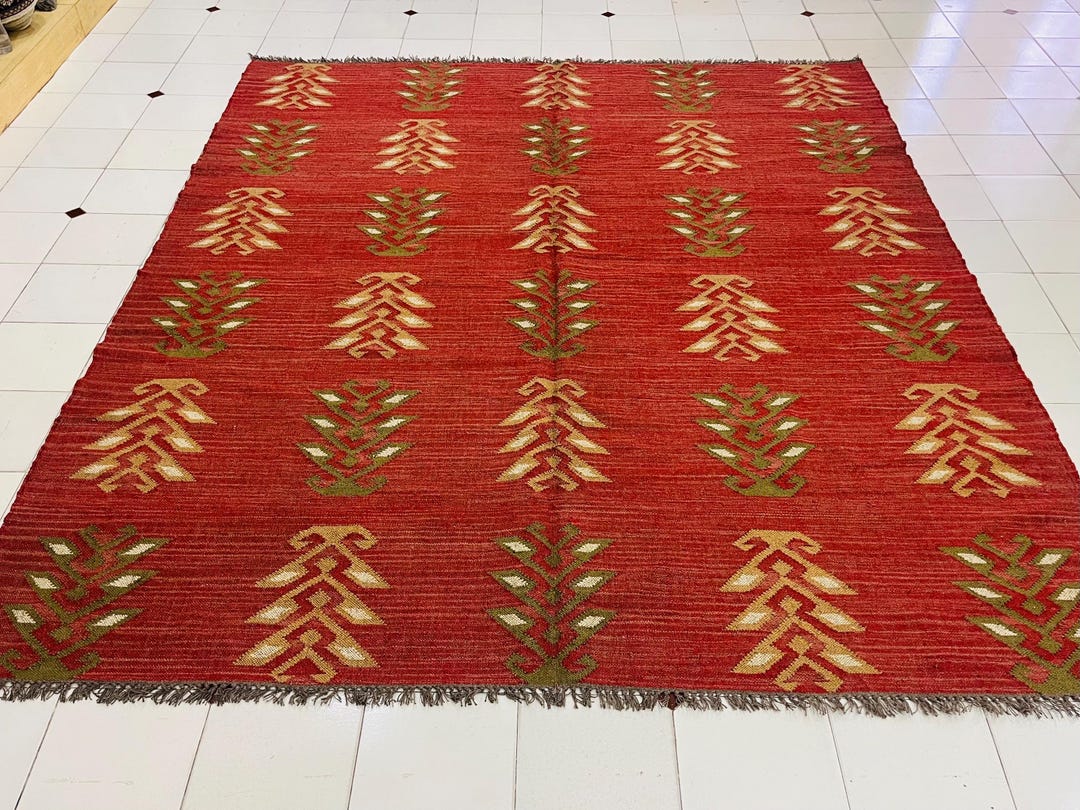 Red Square Rug, Wool Jute Square Kilim Rug for High Traffic Area Garden ...